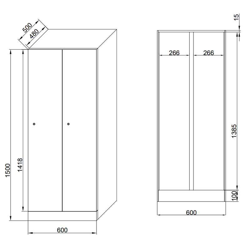Šatníková skrinka S1 znížená, 2 oddiely, 1500 x 600 x 500 mm, demont ...